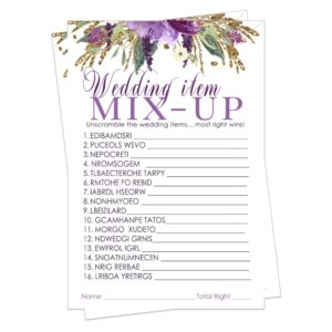 Purple Floral Bridal Shower Word Scramble Game – 25 Pack, Couples Wedding Engagement Party Games, Reception Decor and Ideas, Fun Rehearsal Unscramble Guest Activities