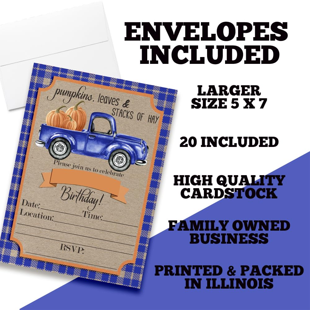 Blue Watercolor Pickup Truck Full of Pumpkins Fall & Autumn Birthday Party Invitations, 20 5x7 Fill In Cards with Twenty White Envelopes by AmandaCreation