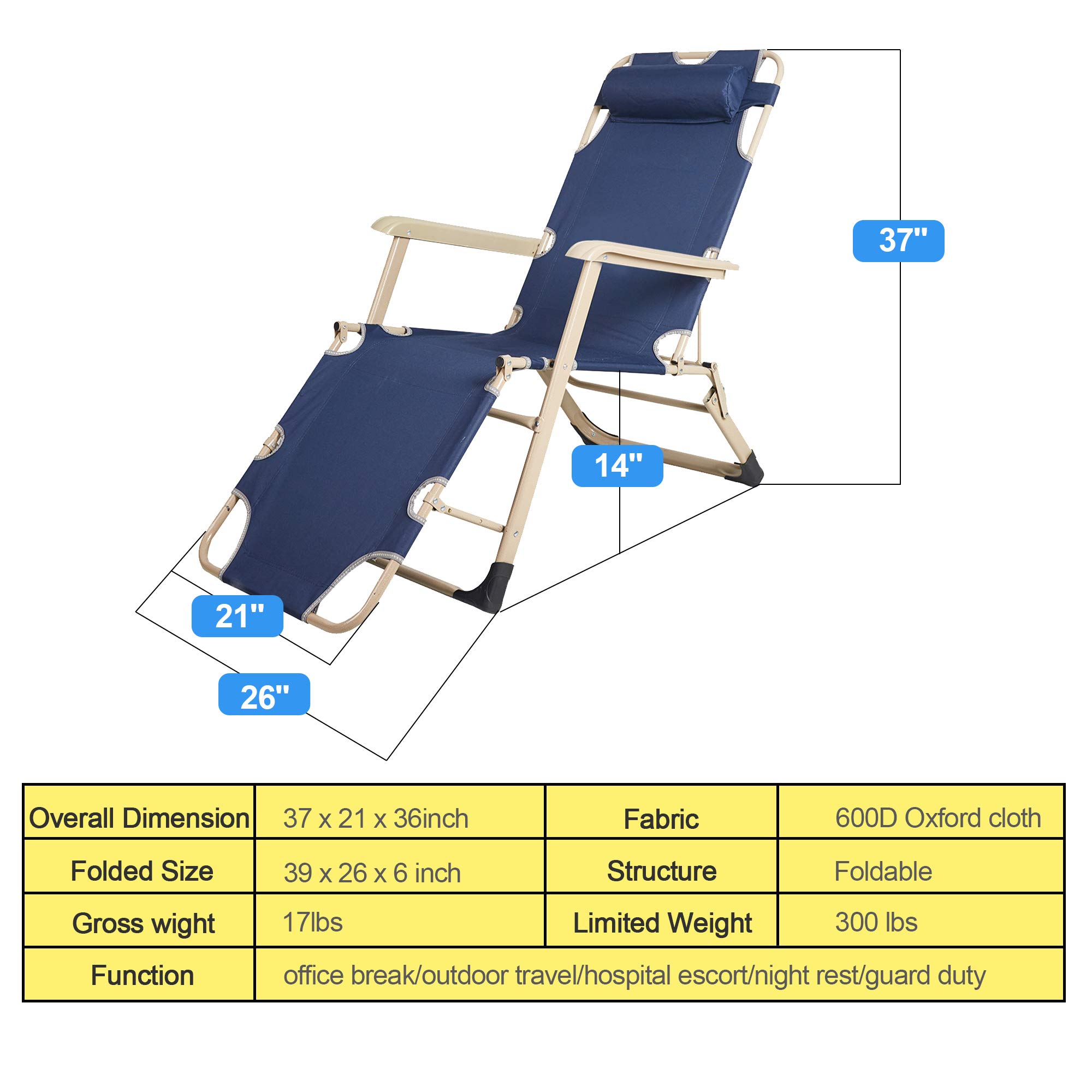 Livebest Folding Lounge Chair Set of 2 Patio Chaise Lounge Chairs, Lay Flat Sun Lounger for Outdoor Patio Lawn Beach Pool Deck Sunbathing, Camping,Supports 300lbs,Dark Blue（2 Pack）