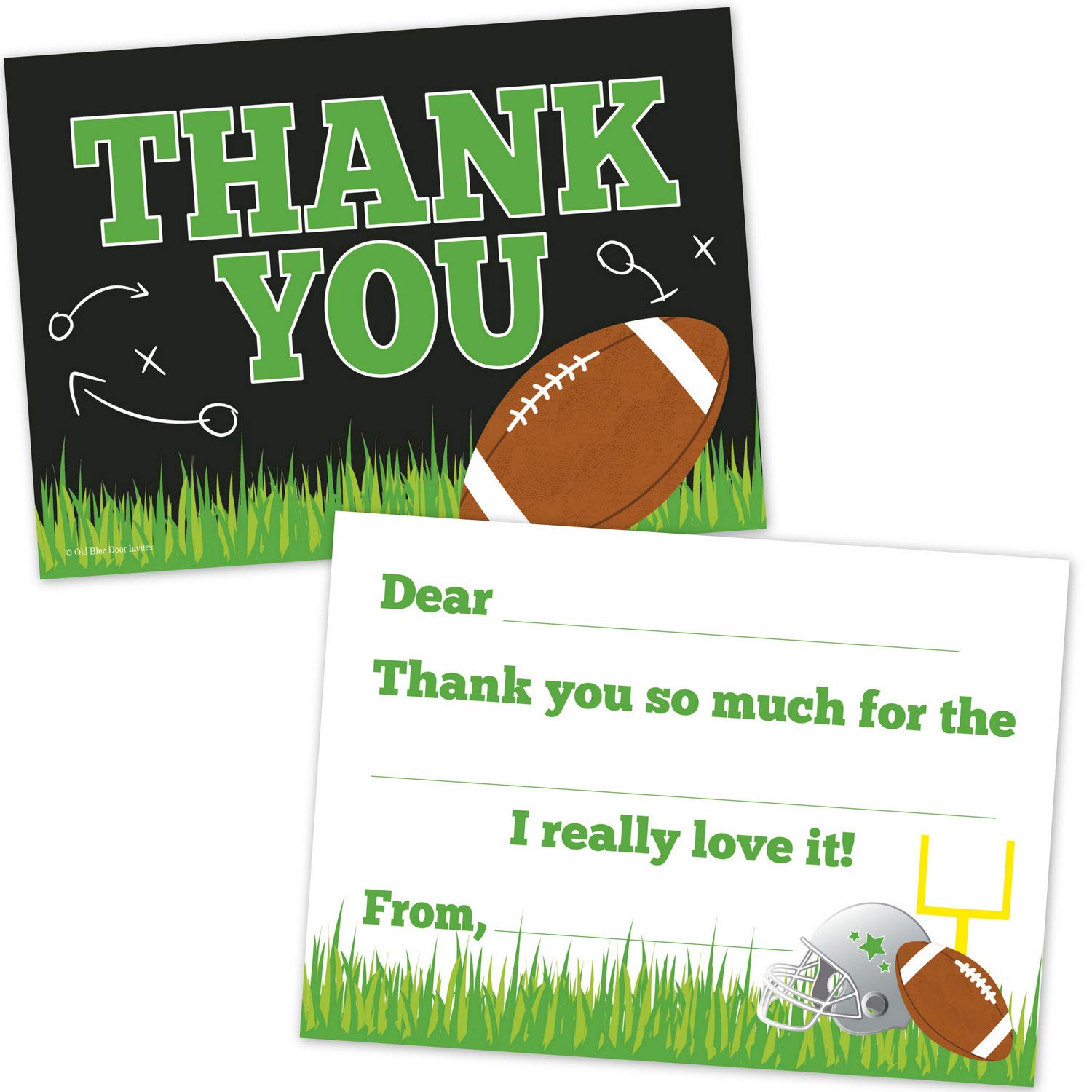 Old Blue Door Invites Football Birthday Party Fill in the Blank Thank You Notes for Boys - (20 Count with Envelopes) - Kids Thank You Cards