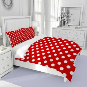 ColourLife Duvet Cover Sets White Polka Dot on Red Soft Microfiber Comforter Protector Set 3 PCS(1 Duvet and 2 Pillow Shams) Bedding Set Queen Size 90 x 90 Inches