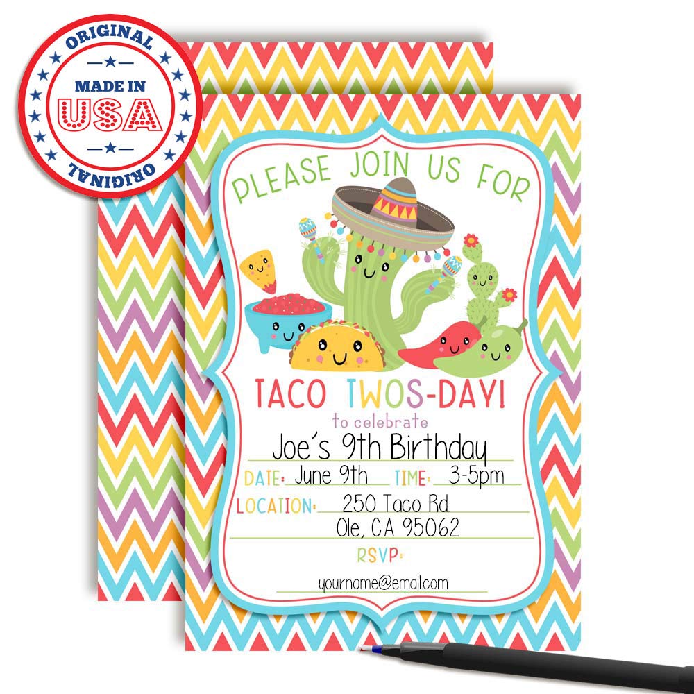 Taco TWOS-DAY Adorable 2nd Birthday Fiesta Party Invitations, 20 5x7 Fill In Cards with Twenty White Envelopes by AmandaCreation