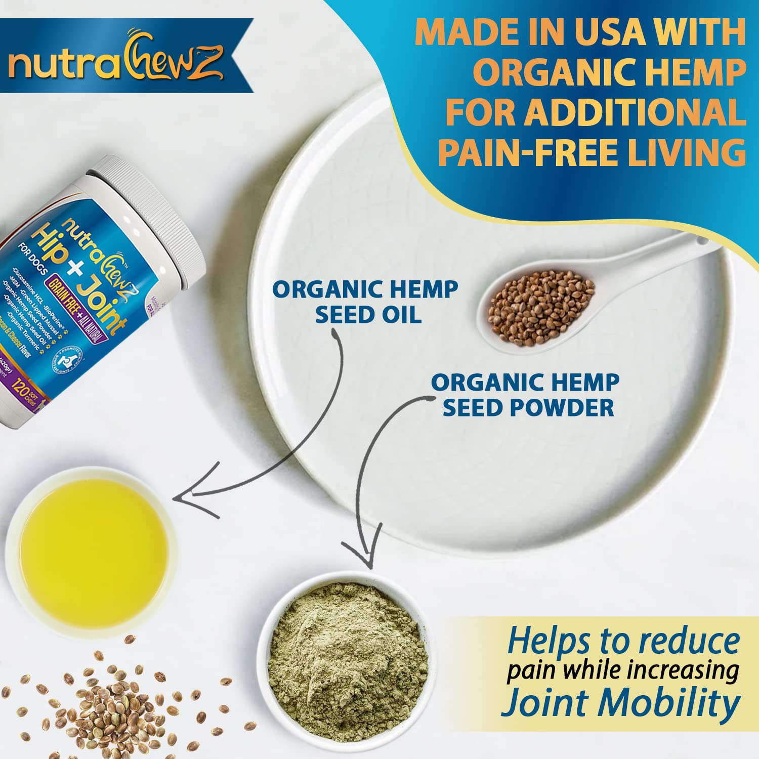 NUTRACHEWZ Grain Free Hip & Joint Supplement for Dogs with Organic Hemp Oil, Glucosamine Chondroitin, Turmeric, MSM, Green Lipped Mussel for Arthritis, Pain Relief, Mobility All Natural - 120 Chews