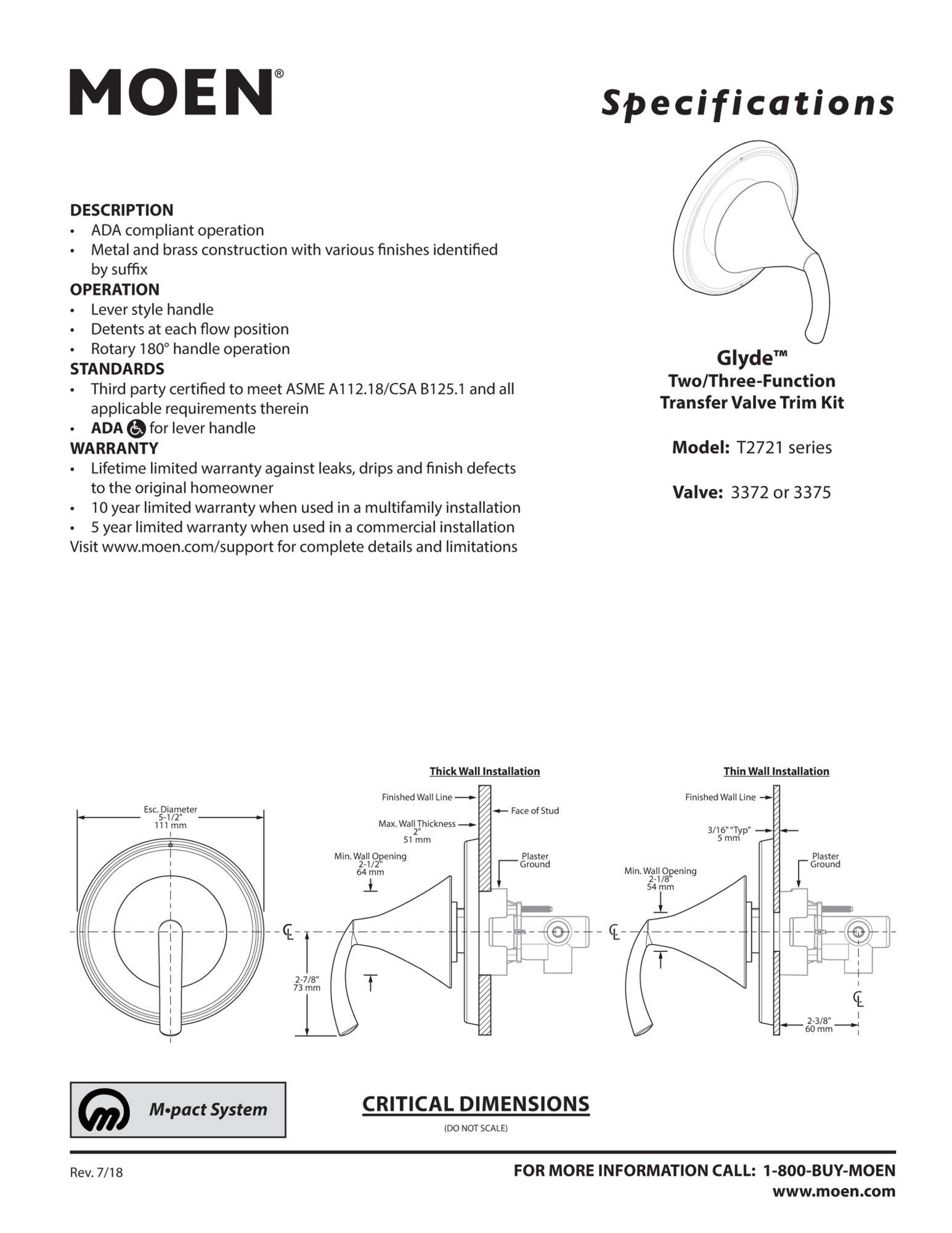 Moen T2721BN Glyde 1-Handle Two-Function Diverter Transfer Valve Trim Kit, Valve Required, Brushed Nickel