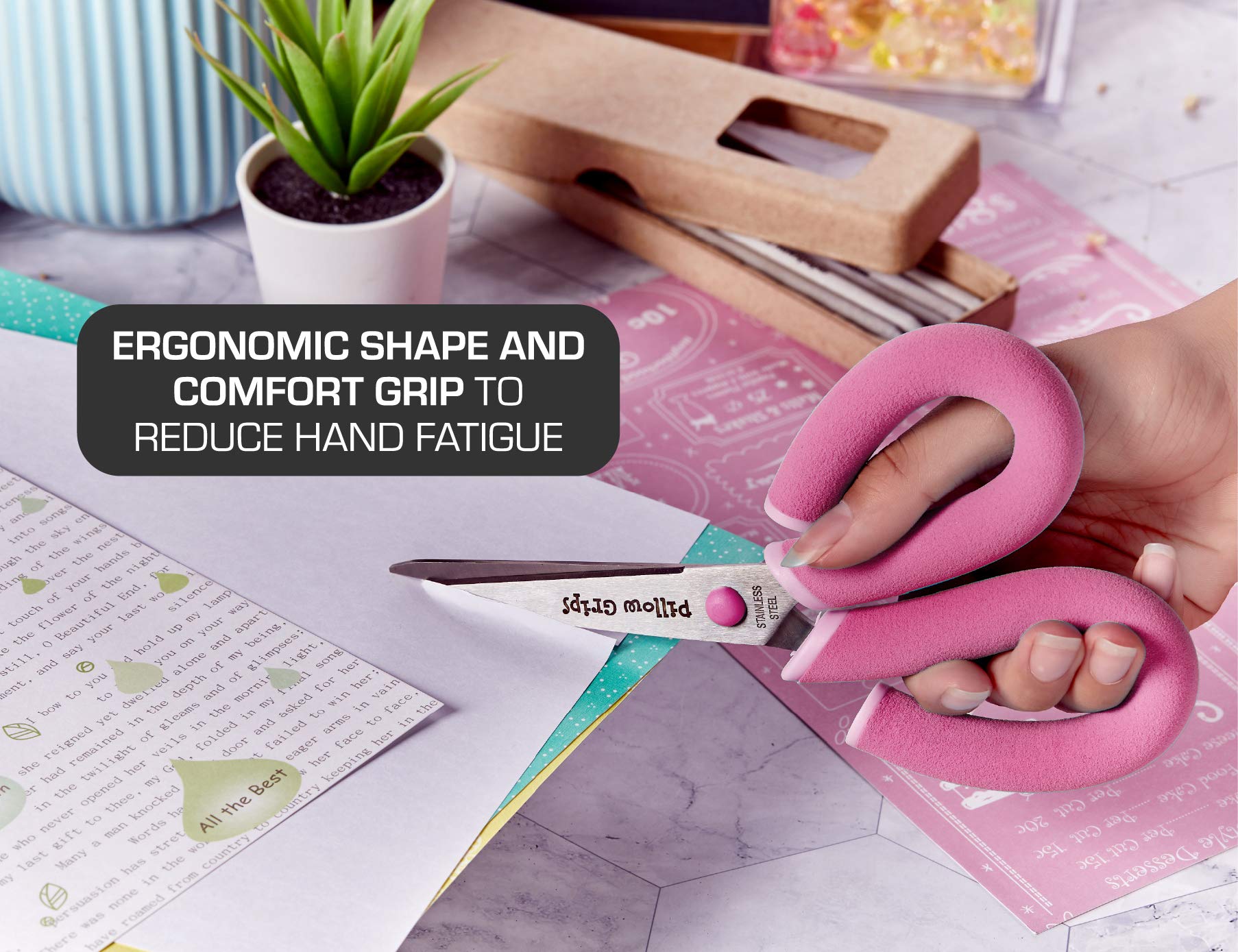 It's Academic Pillow Grip Scissors with Comfortable Handles, Blunt Tip, 8-inch Length, Perfect For Classroom Use, Pink