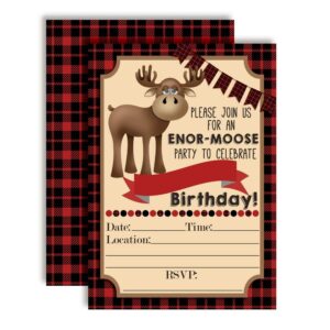 rustic red & black plaid flannel print moose birthday party invitations, 20 5x7 fill in cards with twenty white envelopes by amandacreation