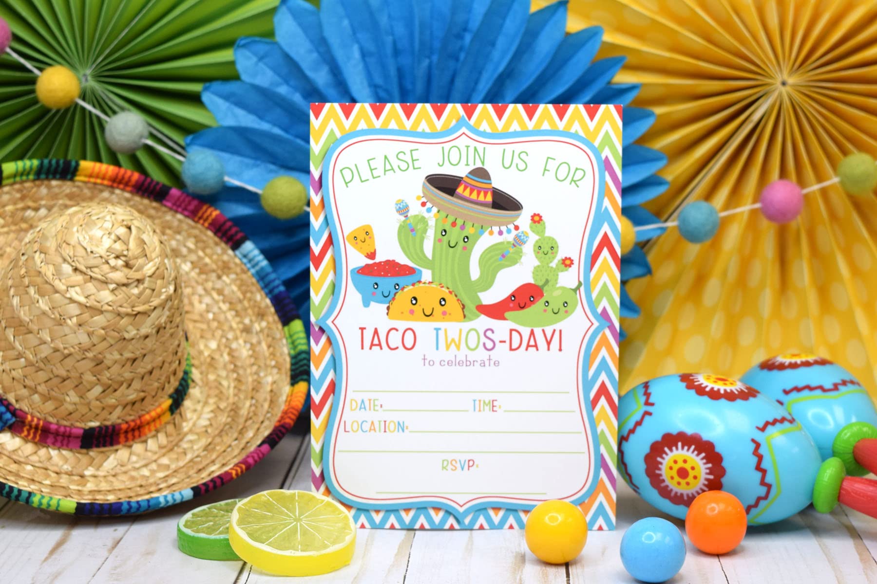 Taco TWOS-DAY Adorable 2nd Birthday Fiesta Party Invitations, 20 5x7 Fill In Cards with Twenty White Envelopes by AmandaCreation