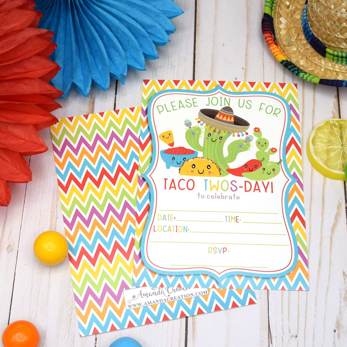 Taco TWOS-DAY Adorable 2nd Birthday Fiesta Party Invitations, 20 5x7 Fill In Cards with Twenty White Envelopes by AmandaCreation