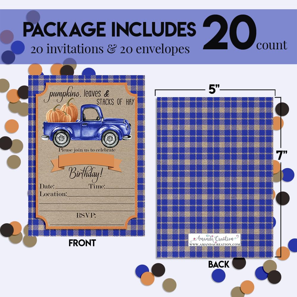 Blue Watercolor Pickup Truck Full of Pumpkins Fall & Autumn Birthday Party Invitations, 20 5x7 Fill In Cards with Twenty White Envelopes by AmandaCreation