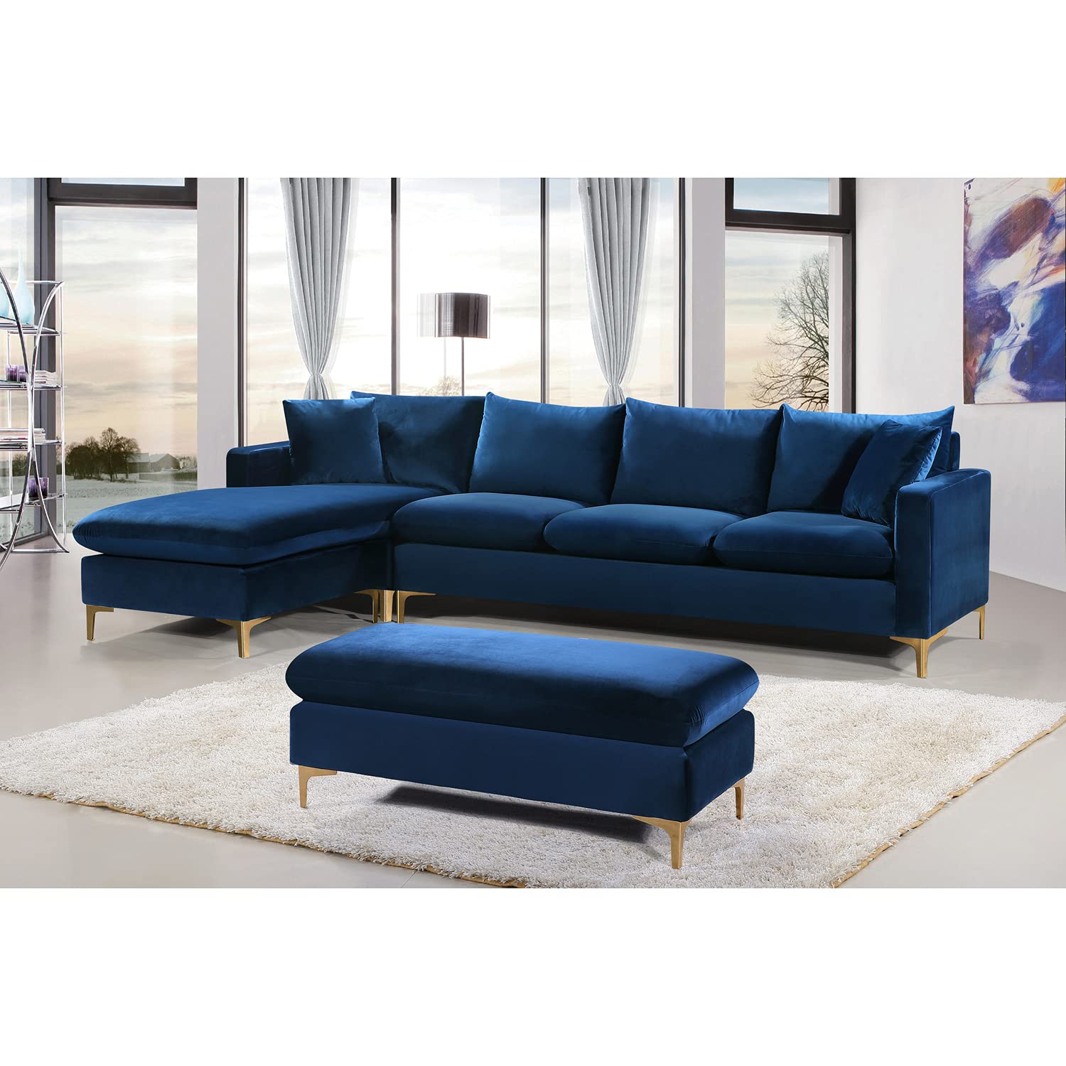 Meridian Furniture Naomi Collection Modern | Contemporary Navy Velvet Upholstered REVERSIBLE Sectional with Rich Gold or Chrome Legs