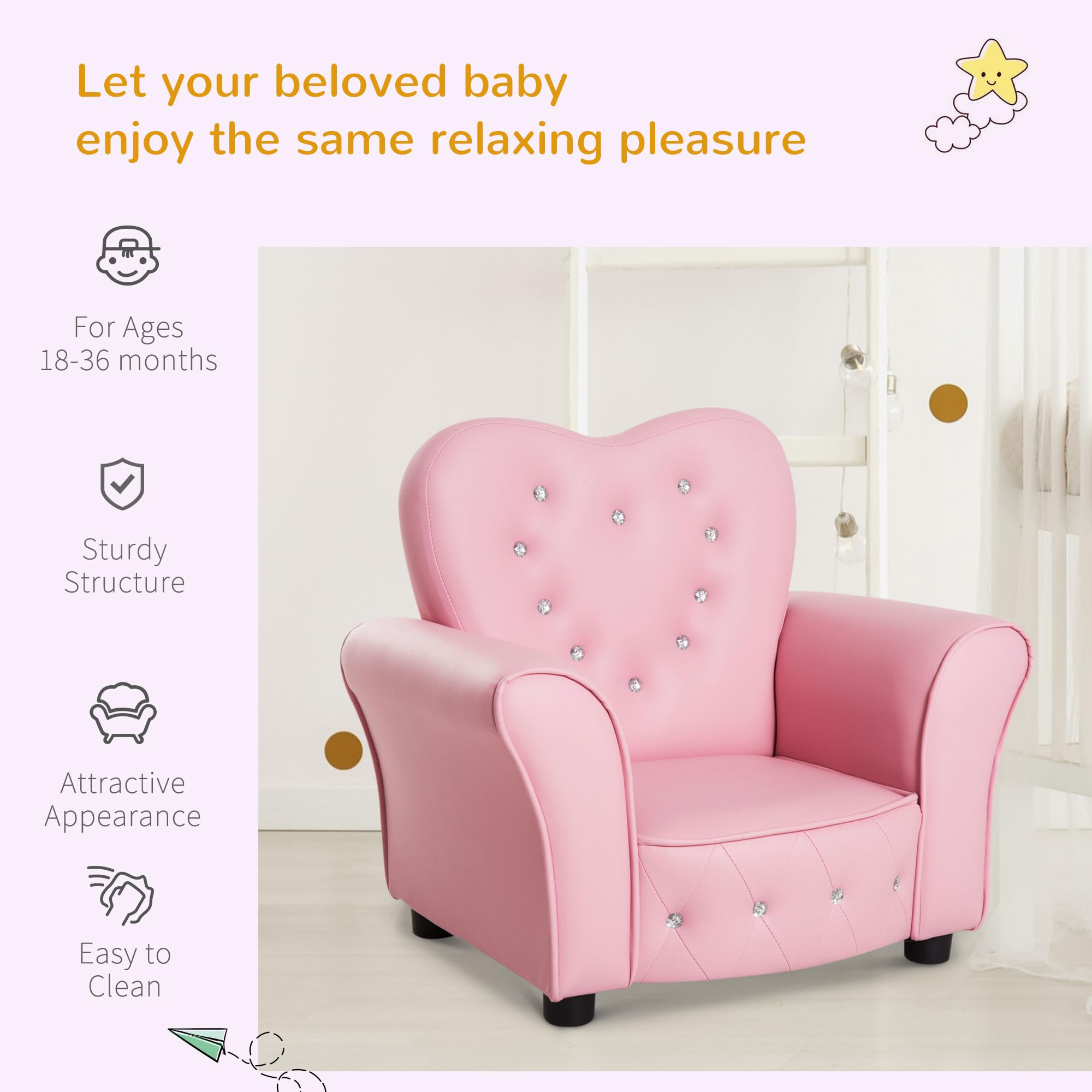 Qaba Kids Sofa Toddler Tufted Upholstered Sofa Chair Princess Couch Furniture with Diamond Decoration for Preschool Child, Pink