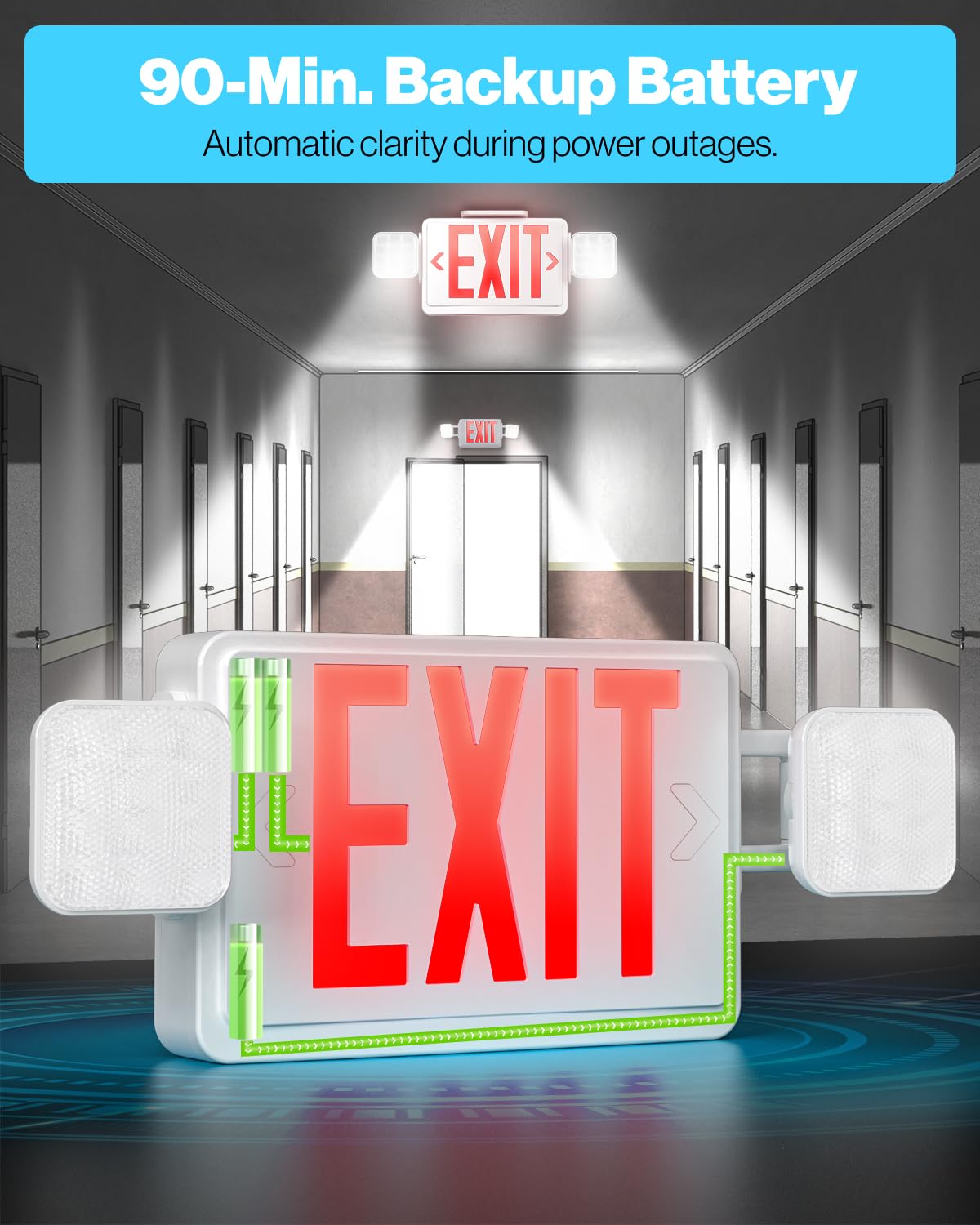 Sunco Red Exit Signs With Emergency Lights, Two Adjustable Square LED Lights, 94V-0 Fire Resistant, Backup Battery, 120-277V, Wall Or Ceiling Mount, Commercial Grade Double Sided UL 2 Pack