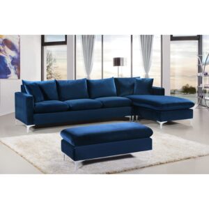 Meridian Furniture Naomi Collection Modern | Contemporary Navy Velvet Upholstered REVERSIBLE Sectional with Rich Gold or Chrome Legs