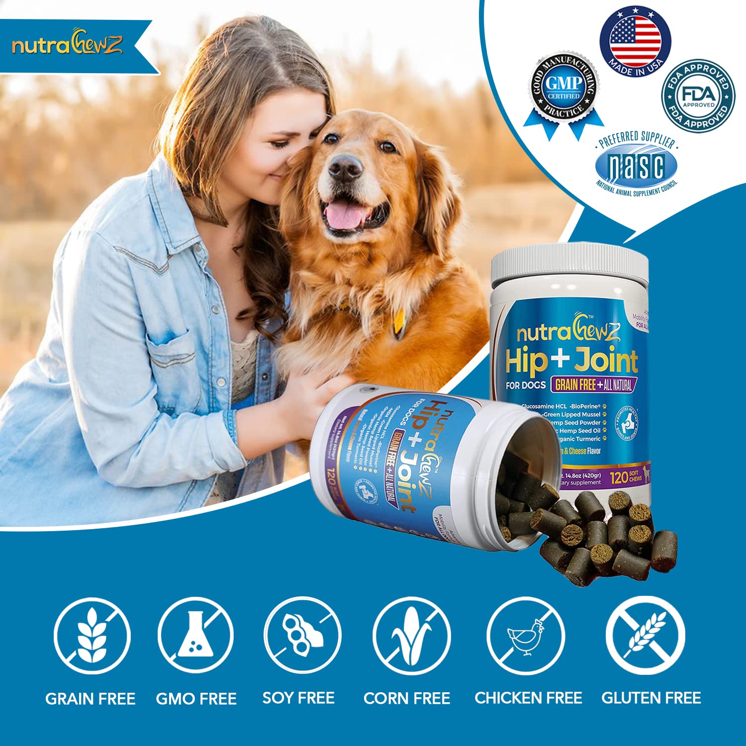 NUTRACHEWZ Grain Free Hip & Joint Supplement for Dogs with Organic Hemp Oil, Glucosamine Chondroitin, Turmeric, MSM, Green Lipped Mussel for Arthritis, Pain Relief, Mobility All Natural - 120 Chews