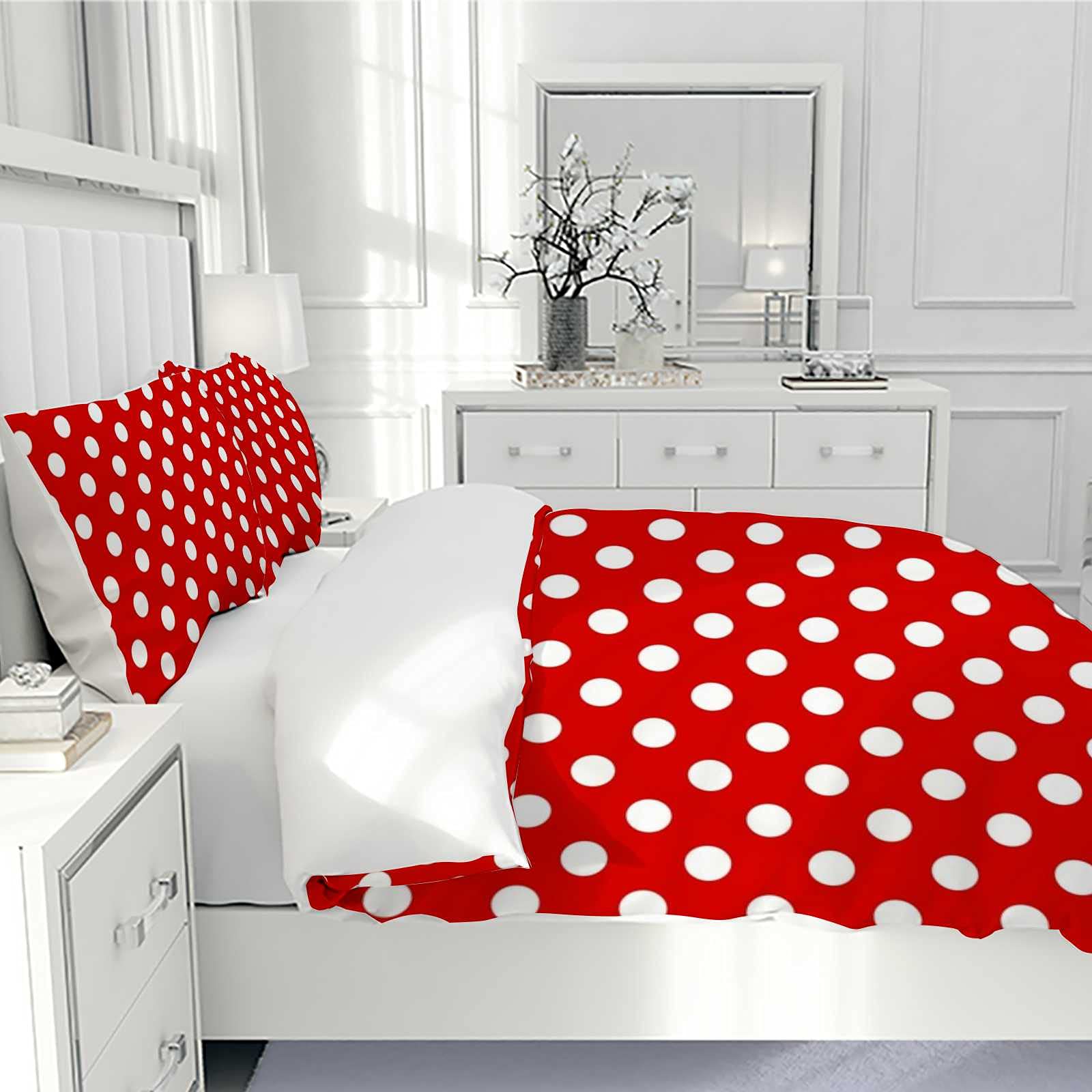 ColourLife Duvet Cover Sets White Polka Dot on Red Soft Microfiber Comforter Protector Set 3 PCS(1 Duvet and 2 Pillow Shams) Bedding Set Queen Size 90 x 90 Inches