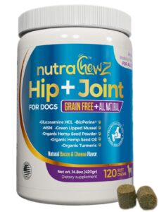 nutrachewz grain free hip & joint supplement for dogs with organic hemp oil, glucosamine chondroitin, turmeric, msm, green lipped mussel for arthritis, pain relief, mobility all natural - 120 chews