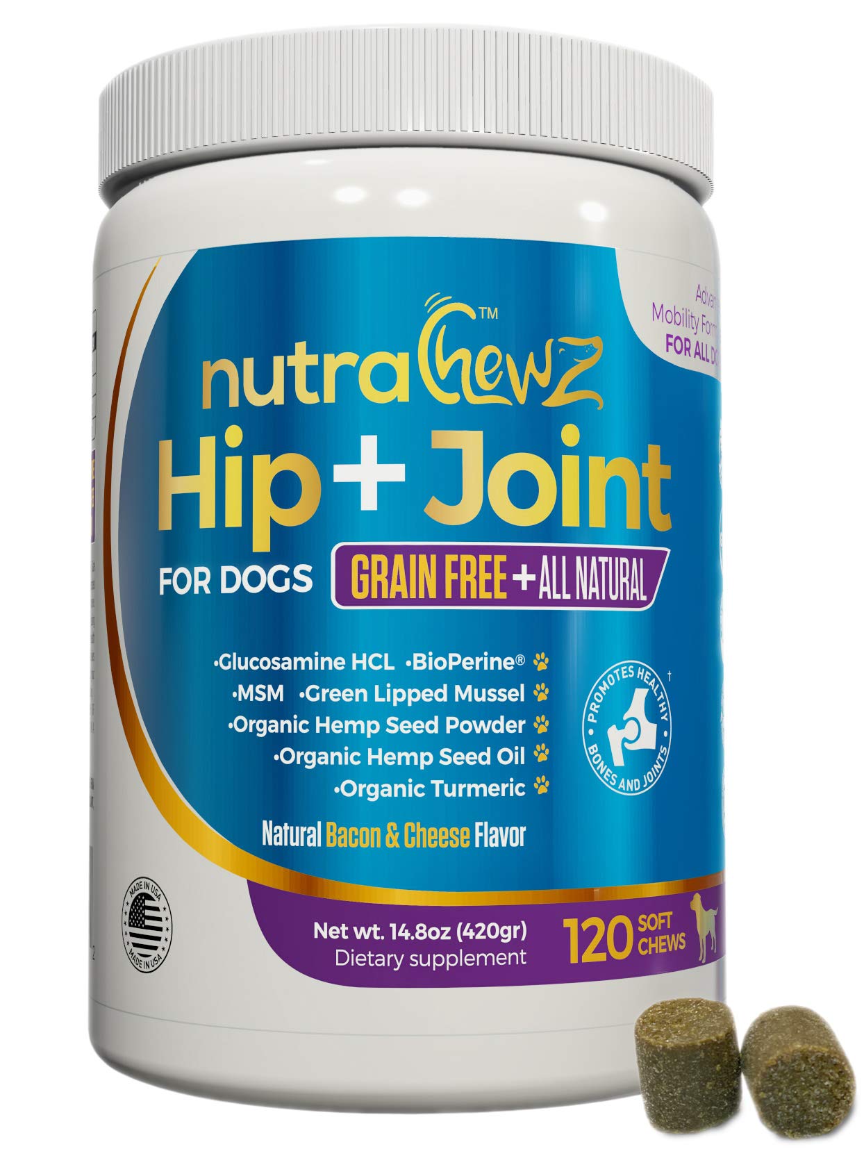 NUTRACHEWZ Grain Free Hip & Joint Supplement for Dogs with Organic Hemp Oil, Glucosamine Chondroitin, Turmeric, MSM, Green Lipped Mussel for Arthritis, Pain Relief, Mobility All Natural - 120 Chews