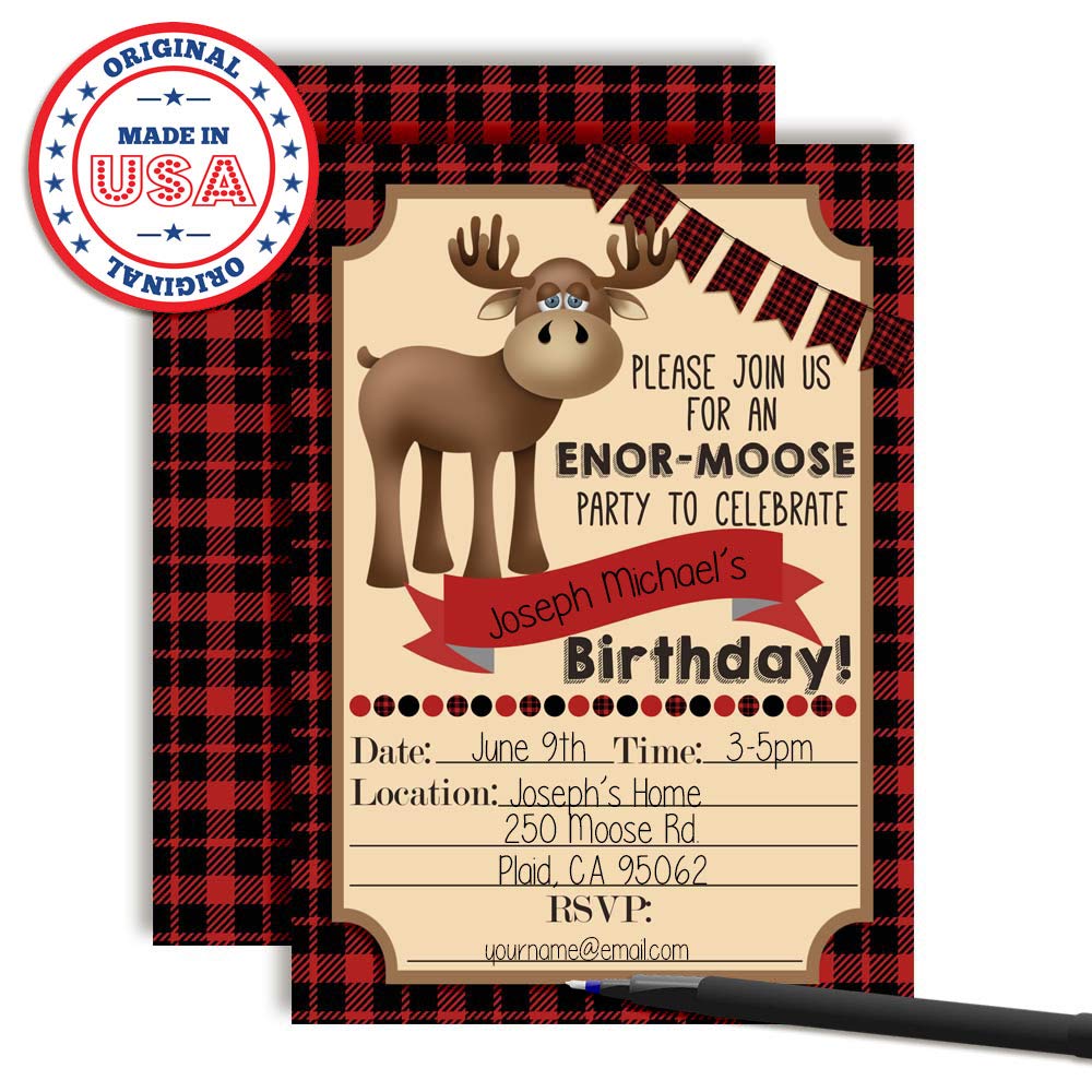 Rustic Red & Black Plaid Flannel Print Moose Birthday Party Invitations, 20 5x7 Fill In Cards with Twenty White Envelopes by AmandaCreation