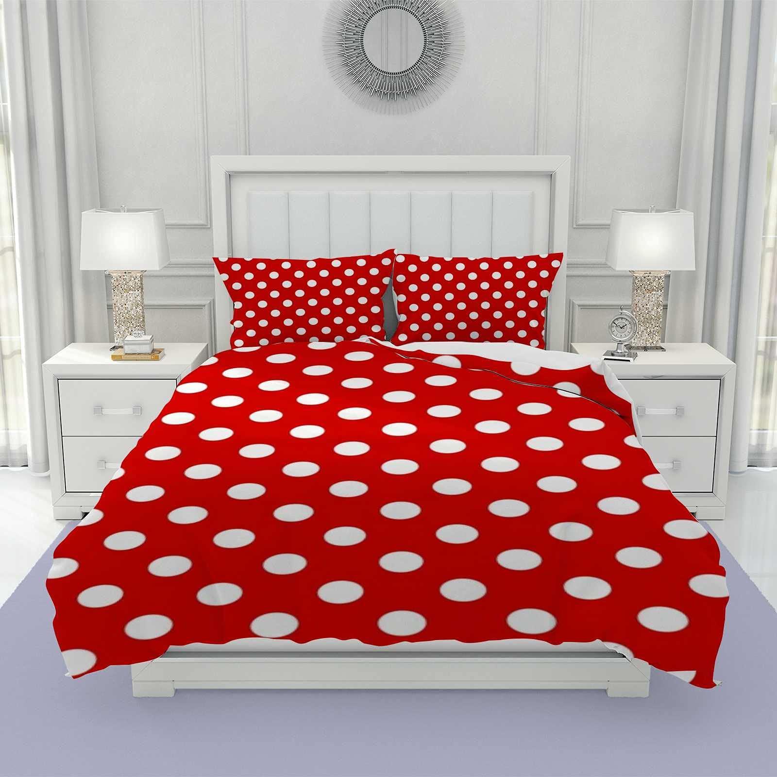 ColourLife Duvet Cover Sets White Polka Dot on Red Soft Microfiber Comforter Protector Set 3 PCS(1 Duvet and 2 Pillow Shams) Bedding Set Queen Size 90 x 90 Inches