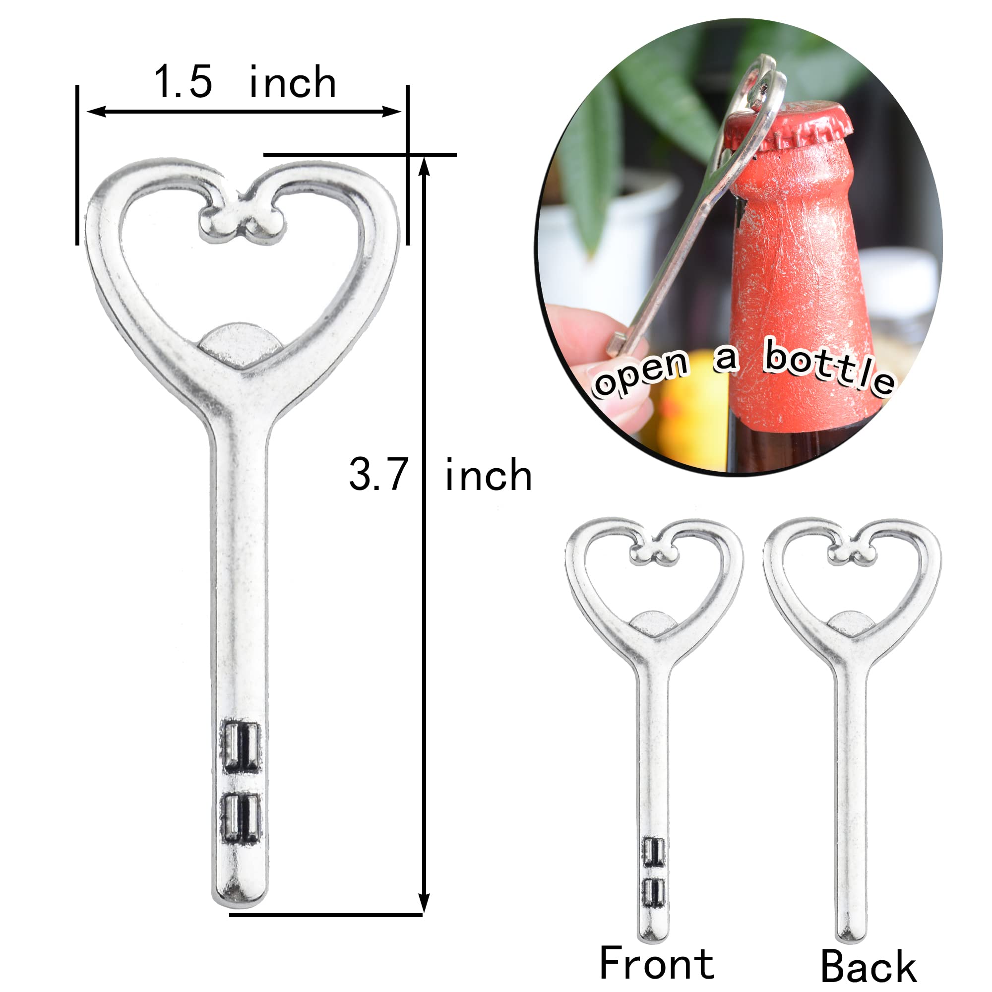 Aokbean 50pcs Place Card Holder Heart Shaped Key Bottle Opener for Wedding Party Table Name Cards Guest Gift with French Ribbon