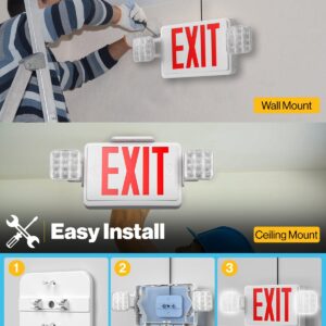 Sunco Red Exit Signs With Emergency Lights, Two Adjustable Square LED Lights, 94V-0 Fire Resistant, Backup Battery, 120-277V, Wall Or Ceiling Mount, Commercial Grade Double Sided UL 2 Pack