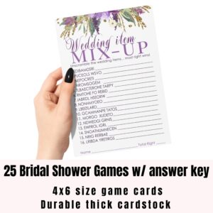 Purple Floral Bridal Shower Word Scramble Game – 25 Pack, Couples Wedding Engagement Party Games, Reception Decor and Ideas, Fun Rehearsal Unscramble Guest Activities