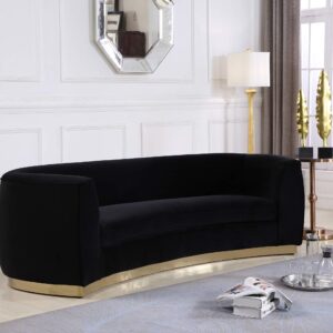 Meridian Furniture Julian Collection Modern | Contemporary Velvet Upholstered Sofa with Stainless Steel Base in Rich Gold Finish, Black, 91.5" W x 36" D x 28" H