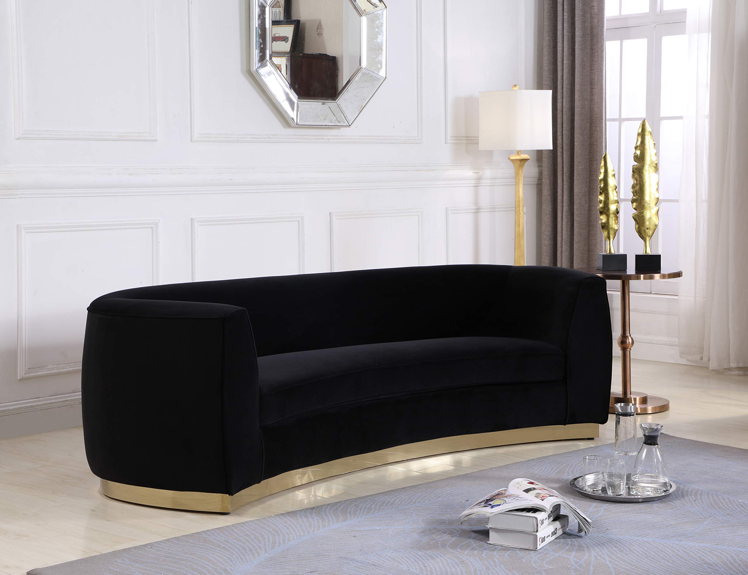 Meridian Furniture Julian Collection Modern | Contemporary Velvet Upholstered Sofa with Stainless Steel Base in Rich Gold Finish, Black, 91.5" W x 36" D x 28" H