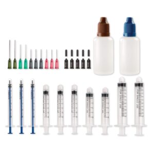 free hand syringe blunt tip needle set - (10 syringes, 10 needles, 10 caps and 2 storage bottles) - for refilling and measuring liquids, oil or glue applicator