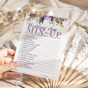 Purple Floral Bridal Shower Word Scramble Game – 25 Pack, Couples Wedding Engagement Party Games, Reception Decor and Ideas, Fun Rehearsal Unscramble Guest Activities