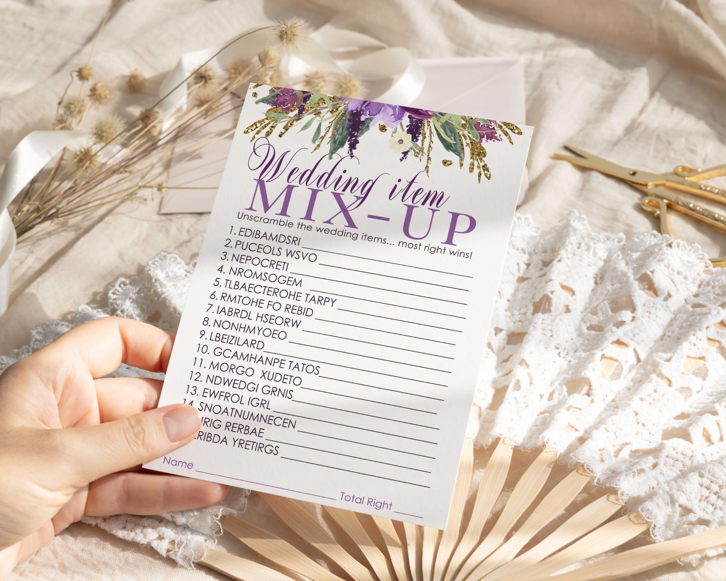 Purple Floral Bridal Shower Word Scramble Game – 25 Pack, Couples Wedding Engagement Party Games, Reception Decor and Ideas, Fun Rehearsal Unscramble Guest Activities