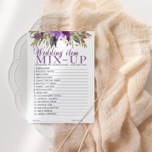 Purple Floral Bridal Shower Word Scramble Game – 25 Pack, Couples Wedding Engagement Party Games, Reception Decor and Ideas, Fun Rehearsal Unscramble Guest Activities