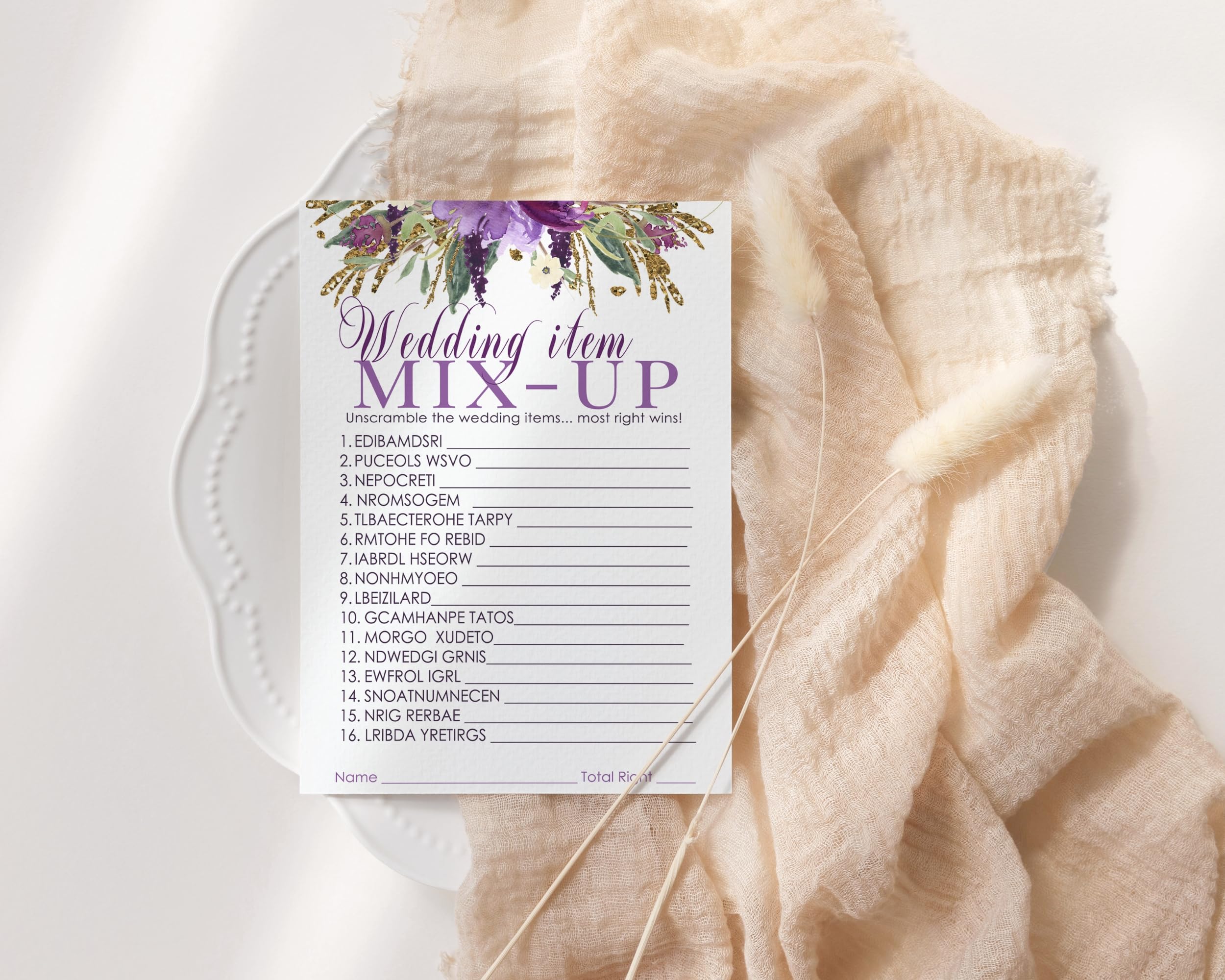 Purple Floral Bridal Shower Word Scramble Game – 25 Pack, Couples Wedding Engagement Party Games, Reception Decor and Ideas, Fun Rehearsal Unscramble Guest Activities