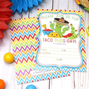 Taco TWOS-DAY Adorable 2nd Birthday Fiesta Party Invitations, 20 5x7 Fill In Cards with Twenty White Envelopes by AmandaCreation