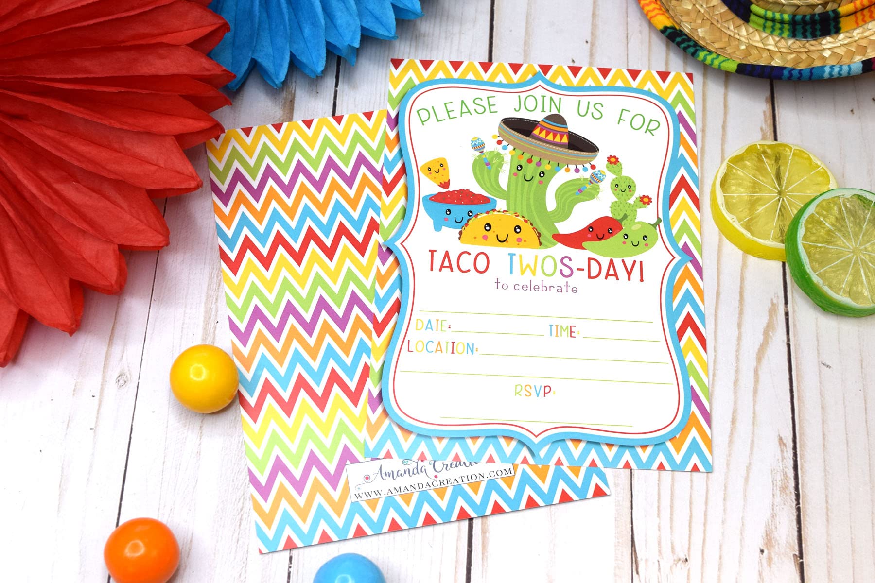 Taco TWOS-DAY Adorable 2nd Birthday Fiesta Party Invitations, 20 5x7 Fill In Cards with Twenty White Envelopes by AmandaCreation