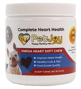 petjoy complete heart health | omega heart soft chew | omega-3 fatty acids epa, dha, vitamin e | reduce shedding & itching | dog skin & coat supplement | joints, brain, heart health | 30 ct