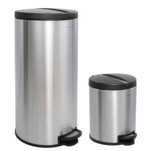 happimess hpm1003b oscar round 8-gallon step-open trash can with free mini trash can, modern, fingerprint proof for home, kitchen, office, large:7.9 gallon small:1.3 gallon, silver