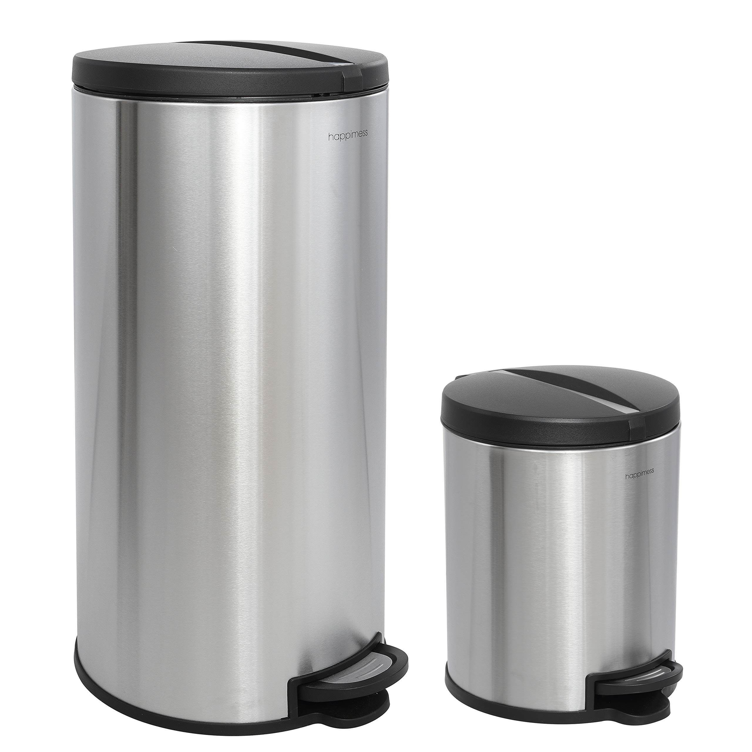 happimess HPM1003B Oscar Round 8-Gallon Step-Open Trash Can with Free Mini Trash Can, Modern, Fingerprint Proof for Home, Kitchen, Office, Large:7.9 Gallon Small:1.3 Gallon, Silver