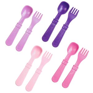 re-play made in usa toddler forks and spoons, pack of 8 without carrying case - 4 kids forks with rounded tips and 4 deep scoop toddler spoons - 0.2" thick toddler utensils, princess