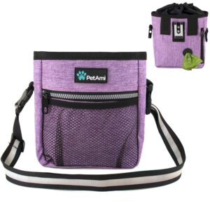 petami dog treat pouch, pet treat pouch for training, dog walking bag holder for kibbles, pet food toy, dog trainer essentials supplies, poop bag dispenser, 3 ways to wear (purple)