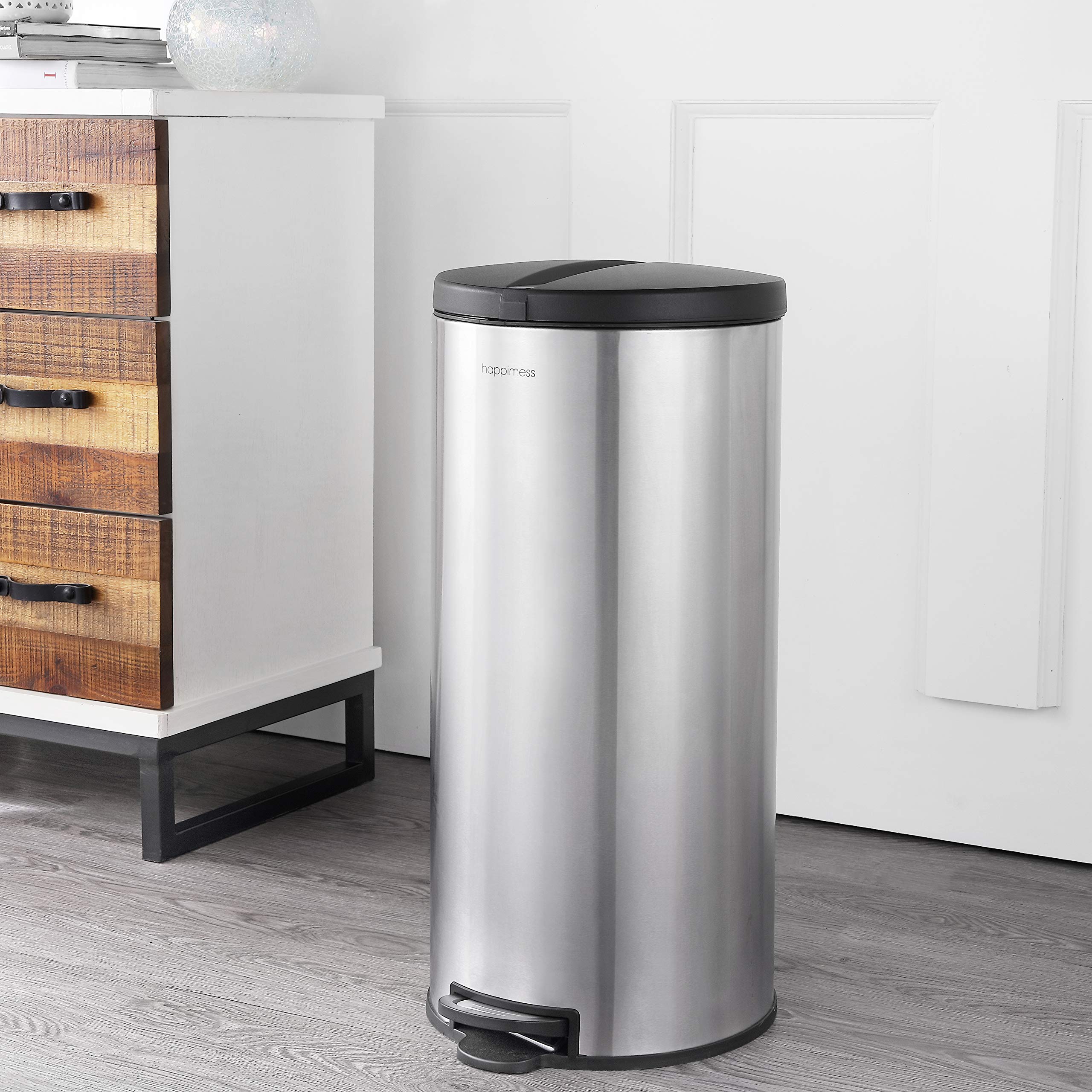 happimess HPM1003B Oscar Round 8-Gallon Step-Open Trash Can with Free Mini Trash Can, Modern, Fingerprint Proof for Home, Kitchen, Office, Large:7.9 Gallon Small:1.3 Gallon, Silver