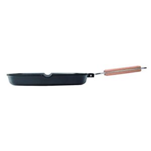 MasterPan Non-Stick Grill Pan with Folding Wooden Handle, 8", Black and Brown