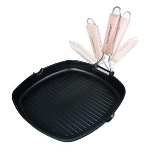 MasterPan Non-Stick Grill Pan with Folding Wooden Handle, 8", Black and Brown