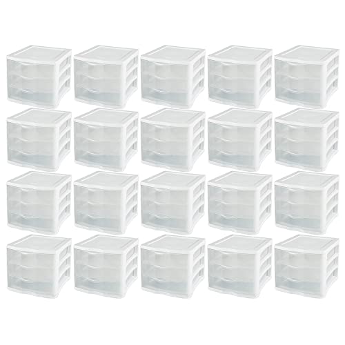 Sterilite ClearView Compact Stacking 3 Drawer Storage Organizer System for Crafting Supplies, Home Office, or Dorm Room, (20 Pack)