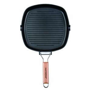 MasterPan Non-Stick Grill Pan with Folding Wooden Handle, 8", Black and Brown