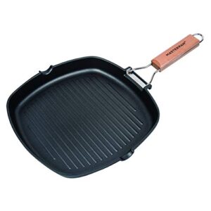 masterpan non-stick grill pan with folding wooden handle, 8", black and brown