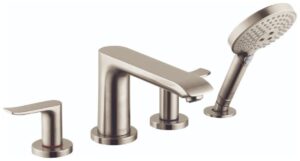 hansgrohe metris modern 2-handle 20-inch wide roman tub filler freestanding bathtub faucetand shower set in brushed nickel, 31404821