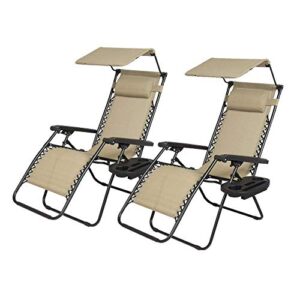 bms 2 pcs zero gravity chair lounge patio chairs with canopy cup holder, tan