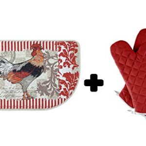 18" x 30" Rooster Printed Slice Kitchen Mat Oversized Quilted Mittens, Flame Heat Resistant Set of 2 - Bundle Set﻿