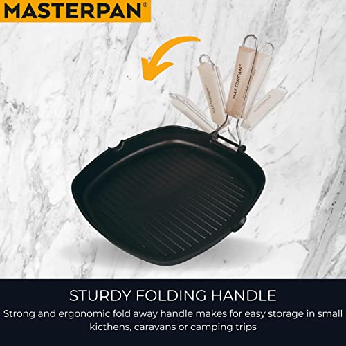 MasterPan Non-Stick Grill Pan with Folding Wooden Handle, 8", Black and Brown